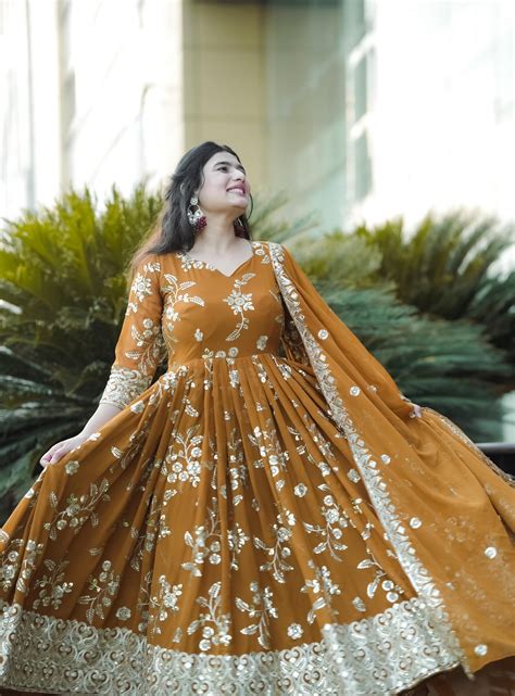 Elegant Mustard Georgette Embroidery Sequence Anarkali Suit