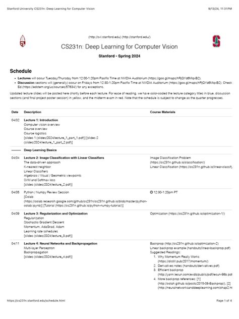 Stanford University Cs231n Deep Learning For Computer Vision Sched Pdf