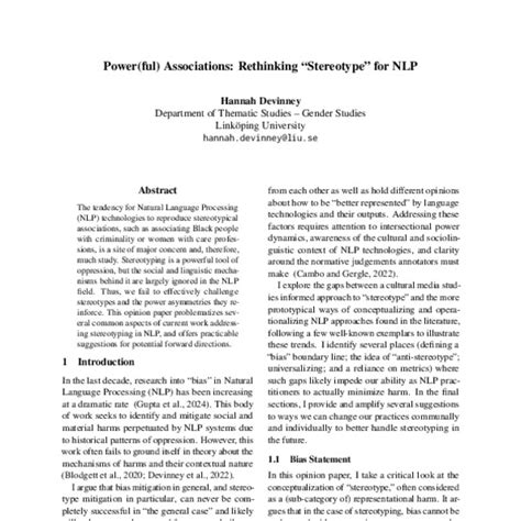 Powerful Associations Rethinking Stereotype” For Nlp Acl Anthology