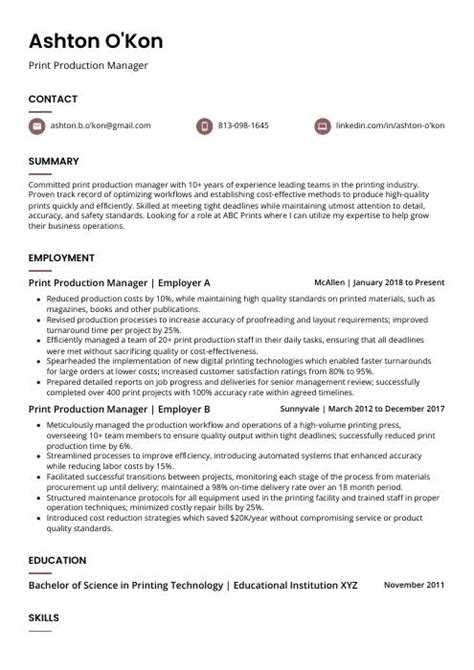 Print Production Manager Resume Cv Example And Writing Guide