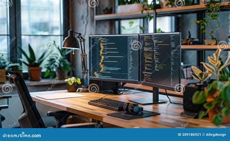 Modern Home Office Setup With Dual Monitors Stock Illustration Illustration Of Comfort Stand