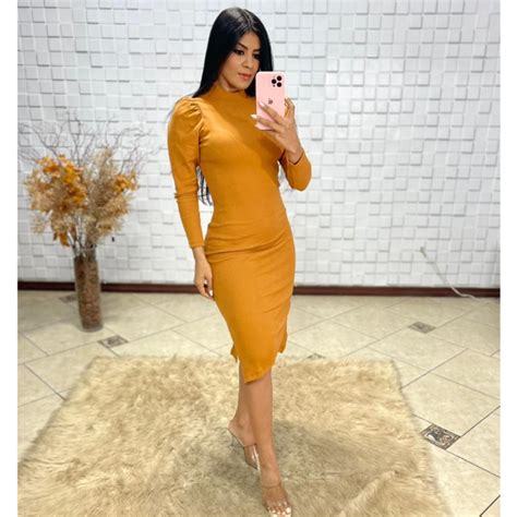 Vestido Midi Malha Canelada Feminino Gola Alta Shopee Brasil