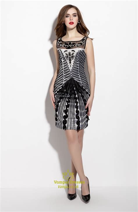 Black And White Sleeveless Illusion Neckline Sheath Dress Vampal Dresses