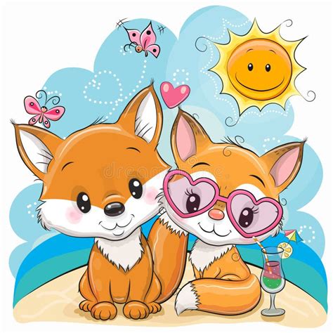 Two Cute Cartoon Foxes On The Beach Stock Vector Illustration Of