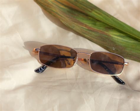 Brown Tint Rectangle Gold Wire Frame Sunglasses Etsy