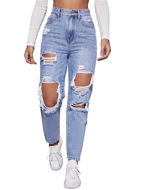 Makemechic Womens High Waist Straight Leg Ripped Jeans Distressed