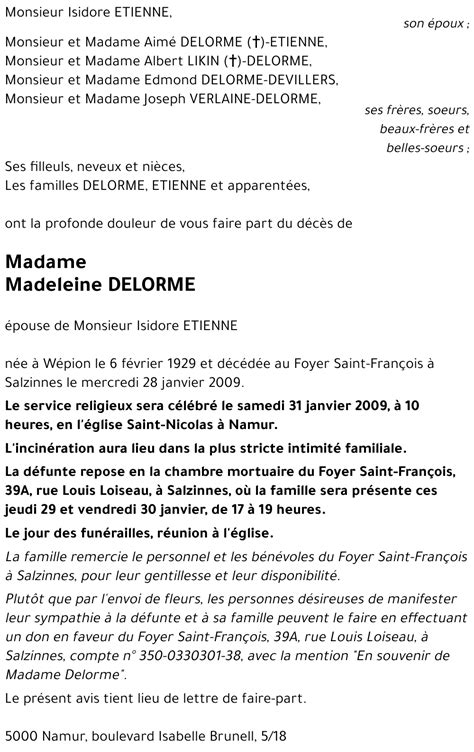 Avis de décès de Madeleine DELORME décédé le 28 01 2009 à Namur