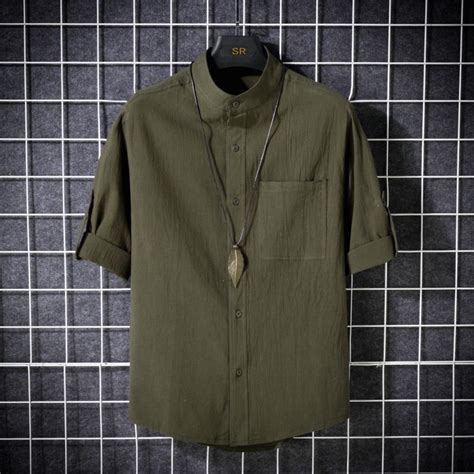 Ready Stock Hot Sale！ Men Shirt Japanese Casual Stand Up Collar Linen