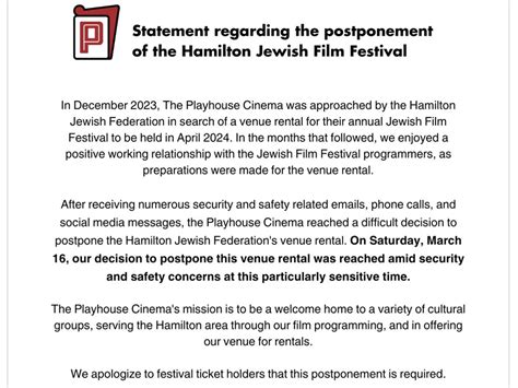 Playhouse Cinema Drops Hamilton Jewish Film Festival Over Safety Issues