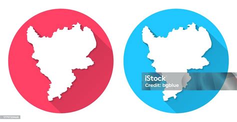 이스트 미들랜즈 지도 빨간색 또는 파란색 배경에 긴 그림자가 있는 둥근 아이콘 3차원 형태에 대한 스톡 벡터 아트 및 기타