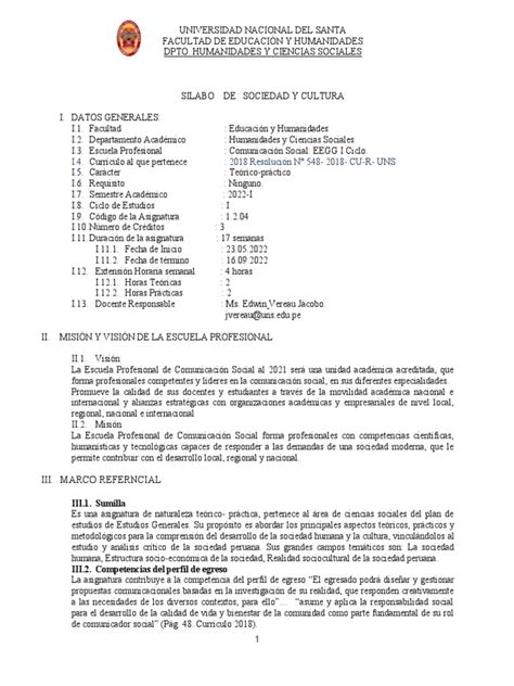 Silabo Sociedad Y Cultura Ccss Pdf Sociedad Perú