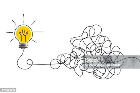 얽힌 선이 있는 전구 문제 해결 및 브레인스토밍 아이디어 개념 벡터 그림 해결책에 대한 스톡 벡터 아트 및 기타 이미지 해결책 연료 및 전력 생산 혼돈 Istock