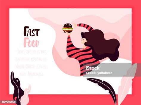 만화 소녀는 식물과 프레임 색상 배경에 햄버거를 먹는다 플랫 스타일의 벡터 패스트 푸드 배너입니다 가는 세로줄 무늬에 대한 스톡