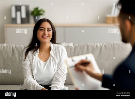 Successful Psychotherapy Happy Arab Female Client Having Session With