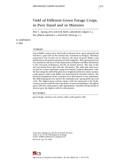 Pdf Yield Of Different Green Forage Crops In Pure Stand And In Mixtures