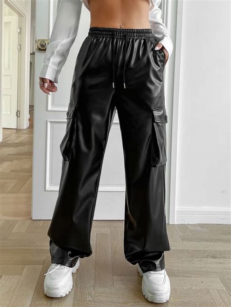 SHEIN Coolane Drawstring Waist Flap Pocket Side PU Cargo Trousers SHEIN UK