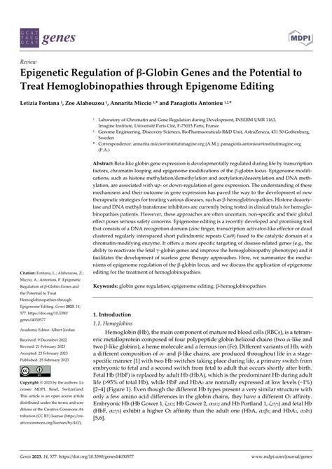 Pdf Epigenetic Regulation Of β Globin Genes And The Potential To