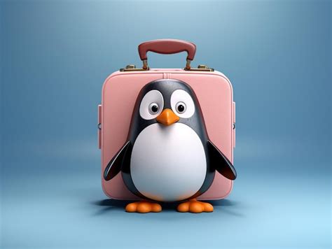 Premium Photo A Cute 3d Animation Penguin Wtih Pink Briefcase On Blue