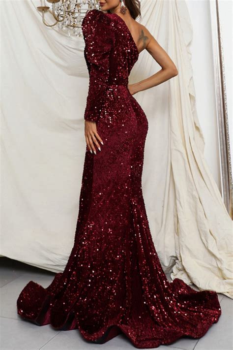 Wholesale Black Sexy Formal Patchwork Hollowed Out Sequins Oblique