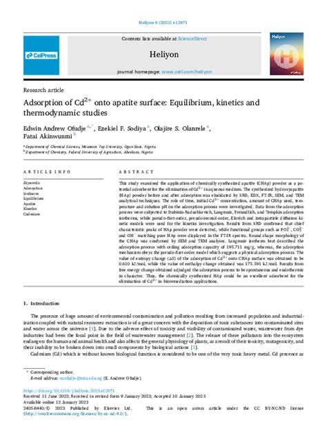 Pdf Adsorption Of Cd2 Onto Apatite Surface Equilibrium Kinetics