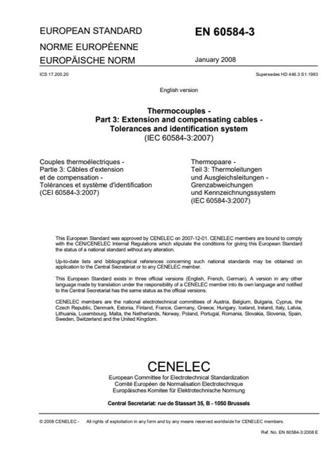 EN 60584-3:2008 - Thermocouples - Part 3: Extension and compensating ...