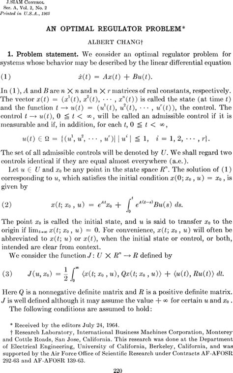 An Optimal Regulator Problem Siam Journal On Control And Optimization