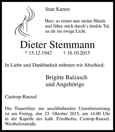 Traueranzeigen Von Dieter Stemmann Trauer In Nrw De