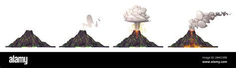 Cartoon Volcano Lava Eruption Animation Vector Illustration Isolated Hot Volcanic Smoke And Ash