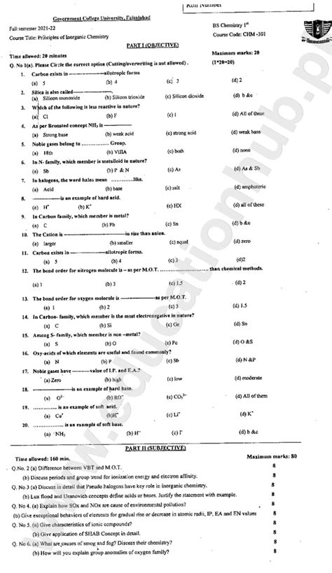 Chm 301 Principles Of Inorganic Chemistry Bs Chemistry Gcuf Past Paper