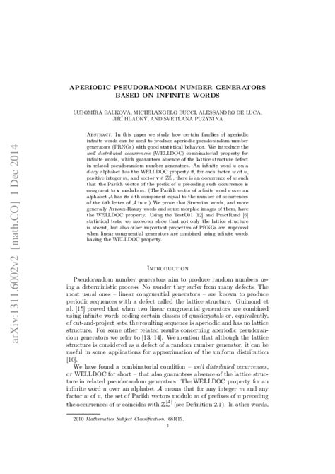 Pdf Aperiodic Pseudorandom Number Generators Based On Infinite Words