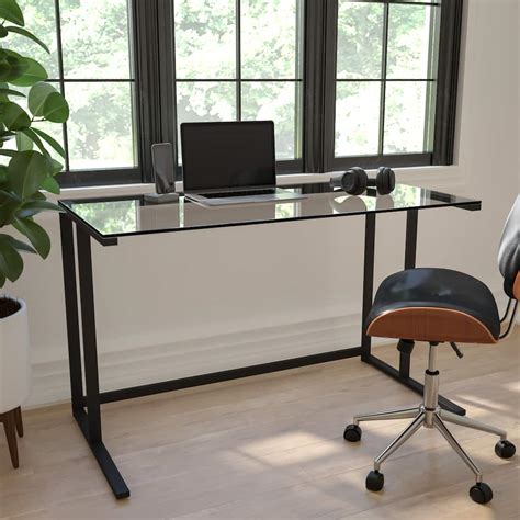 Two Drawer Pedestal Desk With Tempered Glass Top And Metal Frame