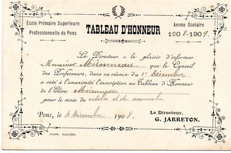 Souvenirs d école Tableau d honneur Pons