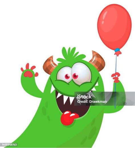 빨간 풍선을 들고 웃는 재미있는 만화 웃는 괴물 캐릭터 생일 휴일 인사말 그림 Bigfoot에 대한 스톡 벡터 아트 및 기타