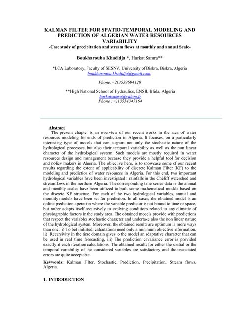 Pdf Kalman Filter For Spatio Temporal Modeling And Prediction Of