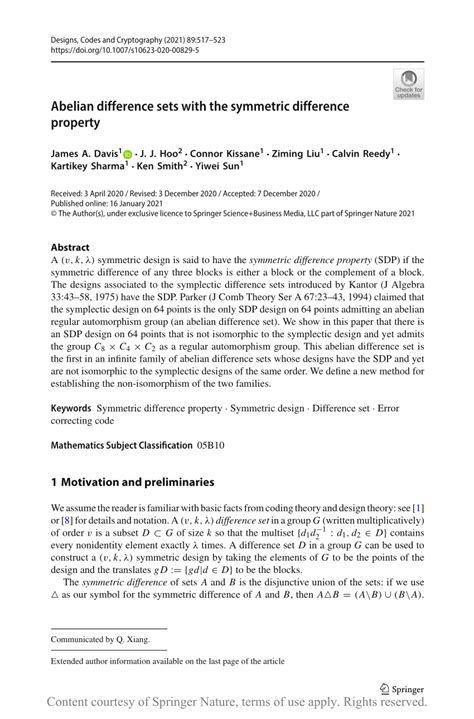 Abelian Difference Sets With The Symmetric Difference Property Request Pdf