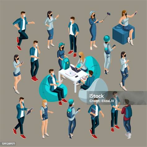 Isometrik Set Karakter Vektor Dalam Pose Yang Berbeda Remaja 3d Gadis