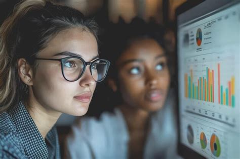 Businesswomen Analyze Computer Screen Data Checking Statistics Graphs And Performance Charts