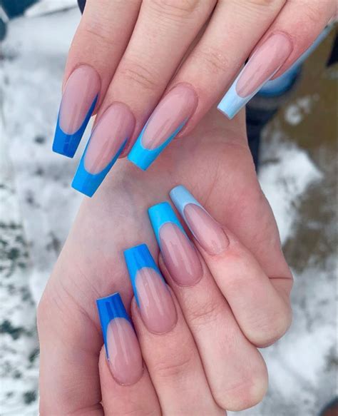 Different Shades Of Blue French Tip Acrylic Nails Medium Length