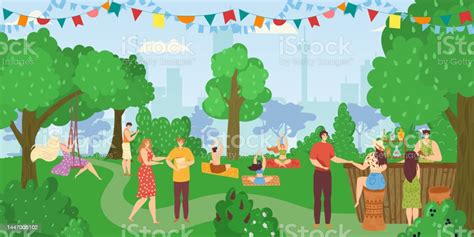 공원에있는 사람들 함께 재미 레저 와 여름 자연에서 휴식을 가지고 요가 포즈와 피트니스를하고 음식 키오스크 벡터 일러스트에서 먹는 친구 소풍 음식에 대한 스톡 벡터 아트 및