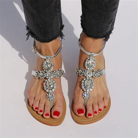 Jeweled And Embellished Flat Leather Womens Sandals Mystique Sandals