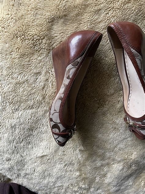 Coach Signature Brown Peep Toe Wedge Shoes Size 75 Gem