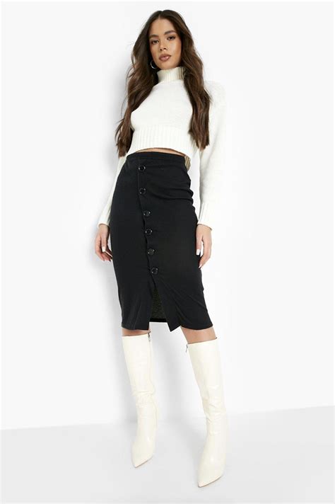 Black Rib Front Button Midi Skirt La Chic Pick