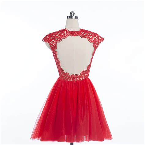 Sexy Red Party Dresses 2018 Short Scoop Neck Lace Flower Sleeveless