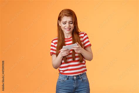 Excited Redhead Caucasian Girl Look Intense Frowning Trying Pass Hard