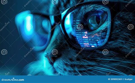 Face Of Cat Hacker Working In Dark Room Close Up Computer Code Reflected In His Glasses