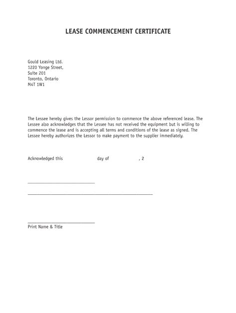 Fillable Online Lease Commencement Certificate Gould Leasing Fax