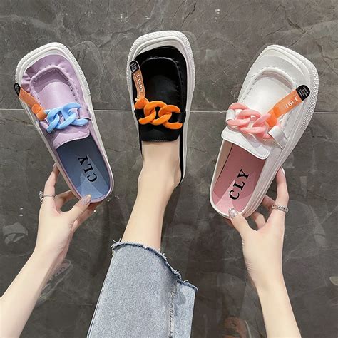 2022 새로운 브랜드 디자인 골드 체인 여성용 하프 슬리퍼 클로즈 토 슬립 온 뮬 신발 라운드 토 로우 힐 캐주얼 슬라이드 플립 플롭슬리퍼 Aliexpress