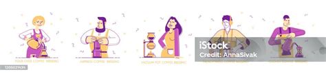 커피 컨셉을 만드는 방법 남성과 여성 바텐더 요리 에어 프레스 진공 프랑스 언론 양조 커피 메뉴 포스터 배너 전단지 브로셔 만화 플랫 벡터 일러스트 라인 아트 개념에 대한