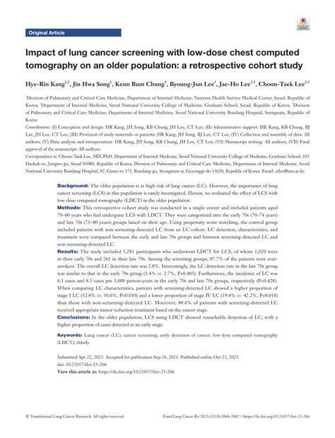 Pdf Impact Of Lung Cancer Screening With Low Dose Chest Computed Tomography On An Older