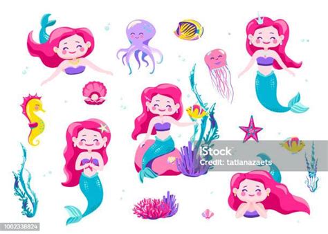 인 어 귀여운 스티커 만화 작은 공주 벡터 일러스트입니다 재미 있는 바다 캐릭터 디자인 흰색 배경에 고립입니다 차가운 손으로 그려진된 요소 0명에 대한 스톡 벡터 아트 및